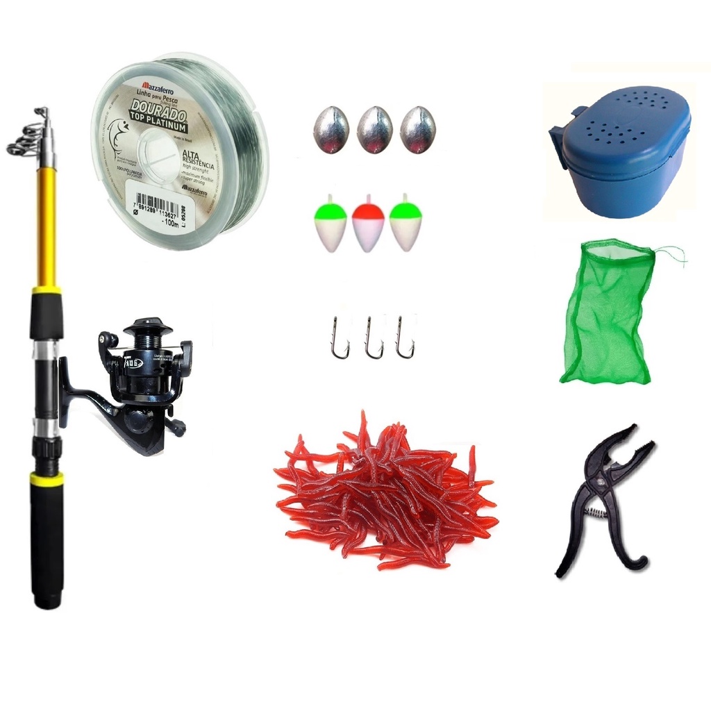 Kit pesca vara 1.70 mts molinete c/ linha + isca + Itens - Tilápia piau lambari tucunaré ...