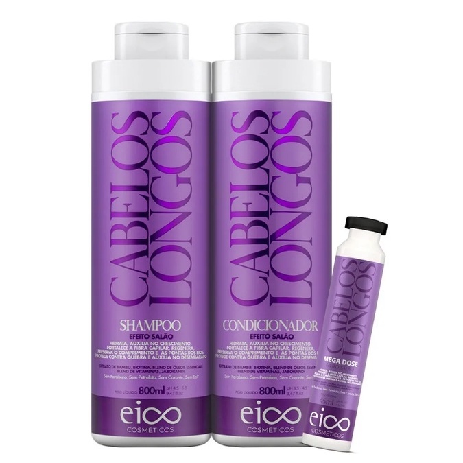 Kit Eico Cabelos Longos Fortalecimento e Crescimento Shampoo e Condicionador 800ml + Megadose ...