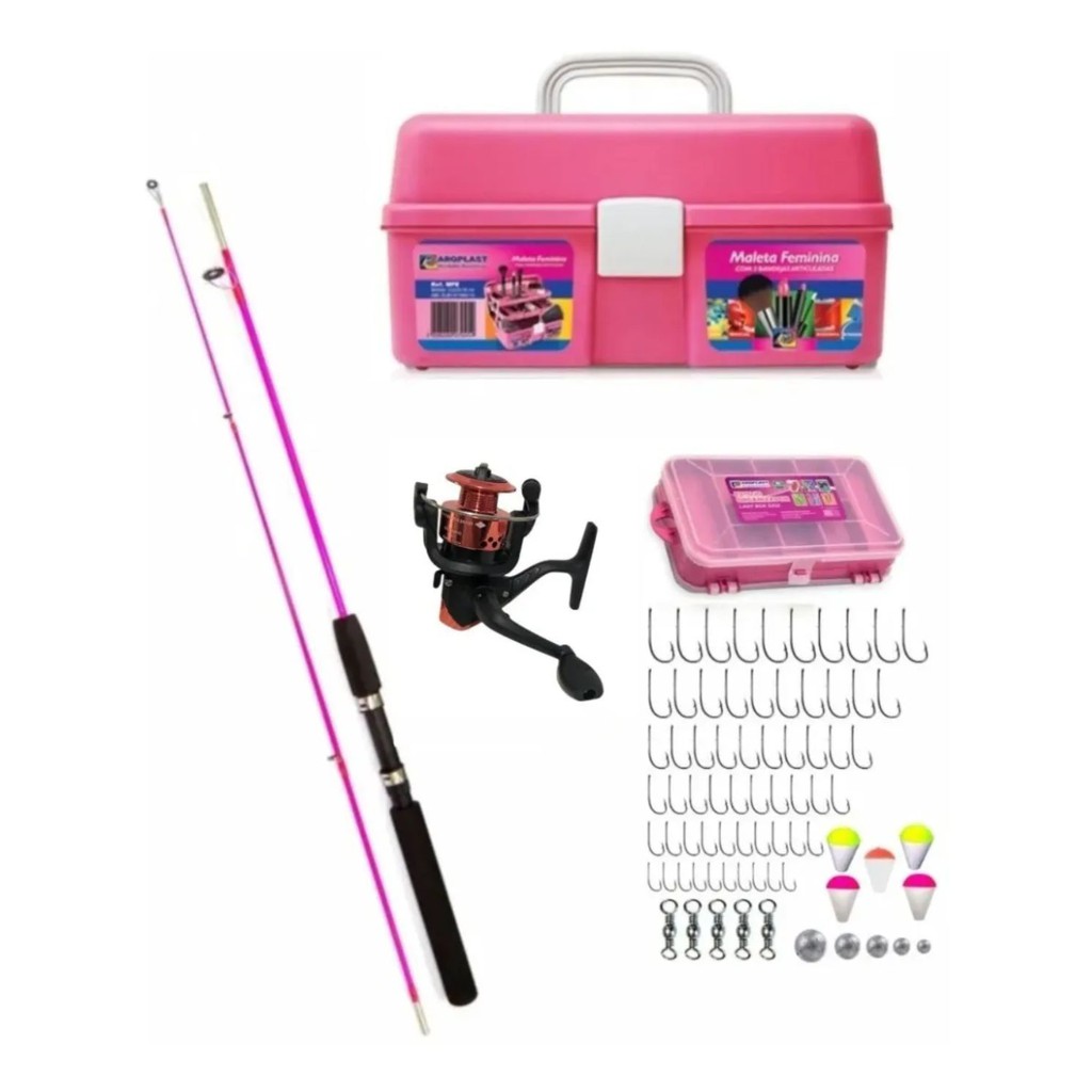 Kit Pesca Rosa Feminino Maleta Vara Molinete e acessórios | Shopee Brasil