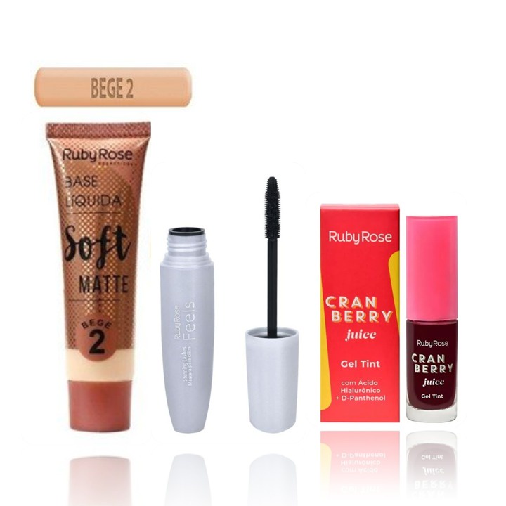 Kit Ruby Rose com Base Soft Bege 1 + Máscara de Cílios Ruby Rose + Gel ...