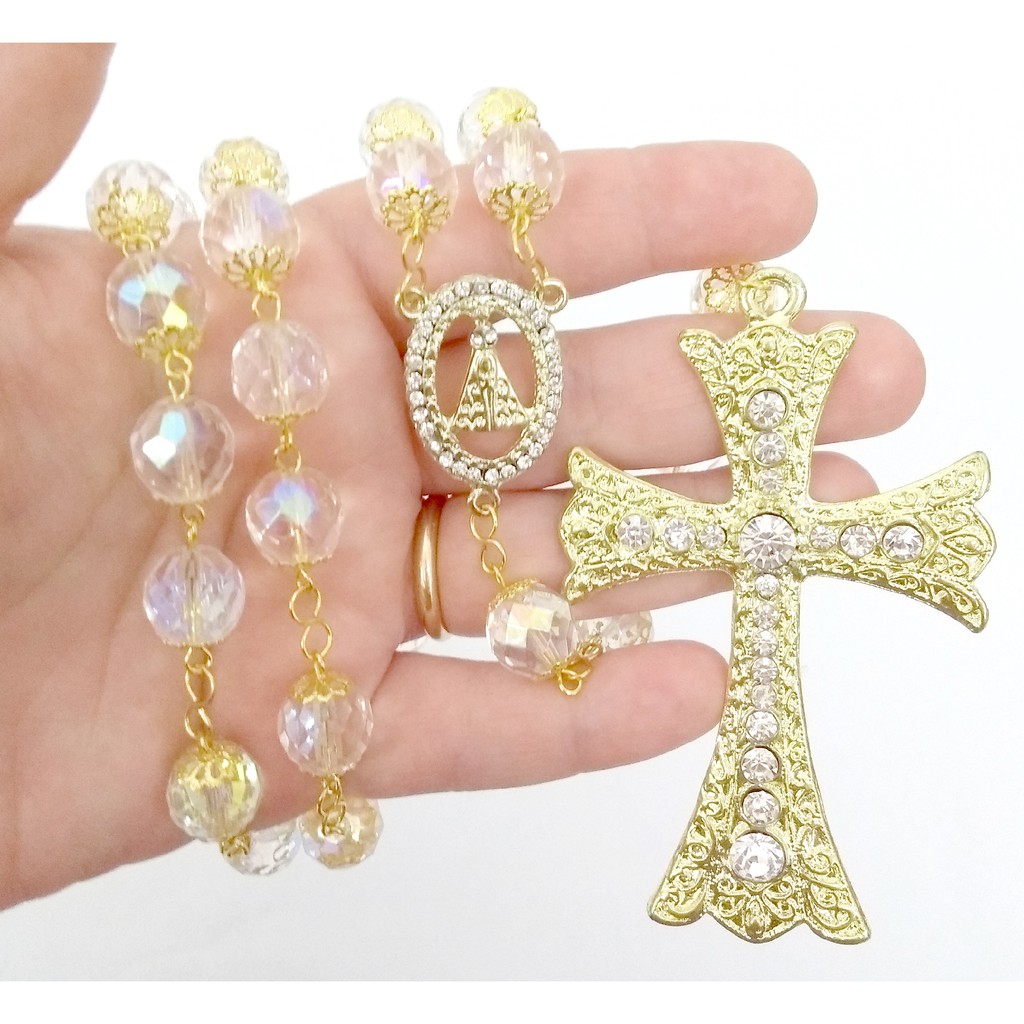 Terço Noiva Cristal Boreal Tcheco Banho Ouro 12mm Aparecida | Shopee Brasil