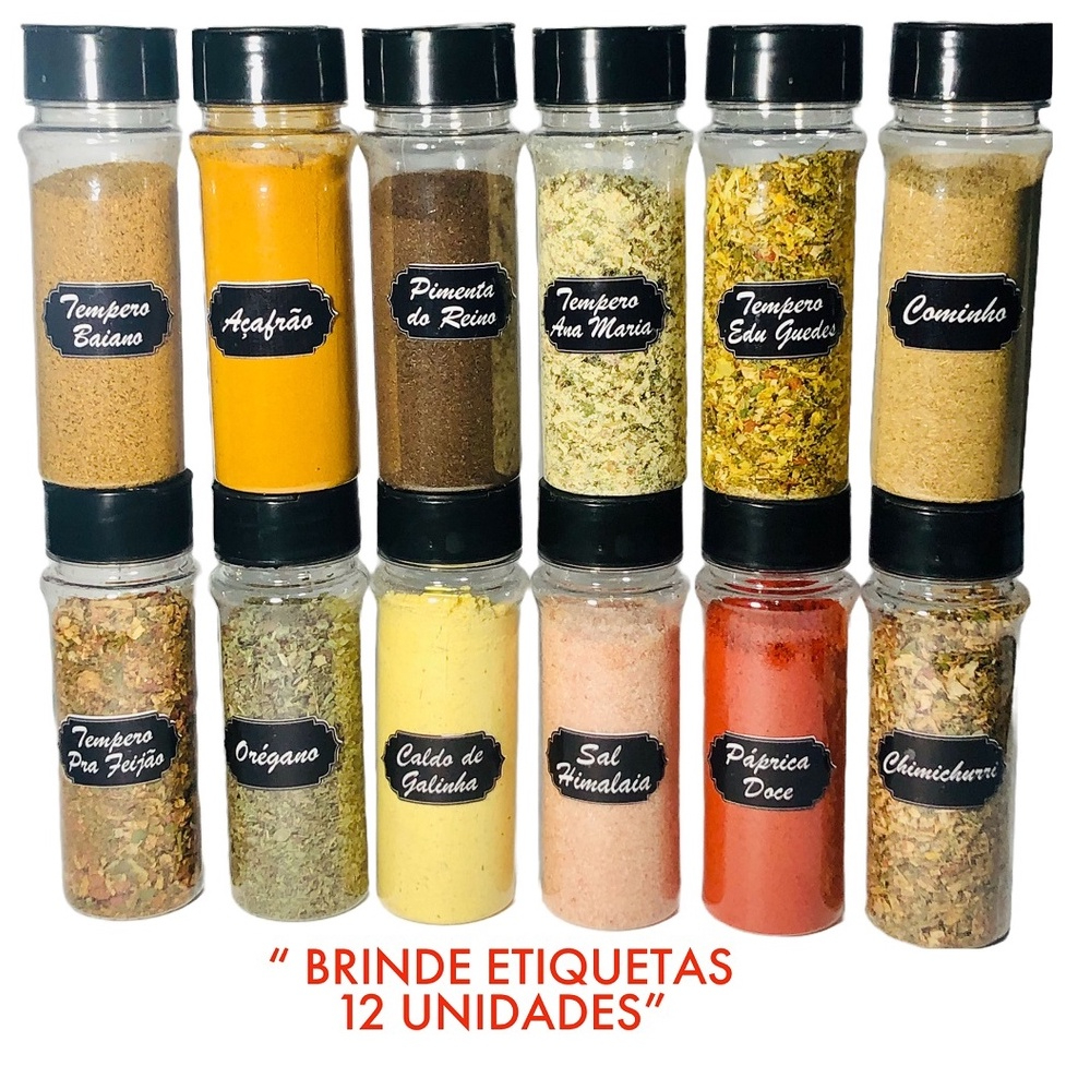 Kit com 12 Potes para Temperos com tampa - COM TEMPEROS DE 50G CADA ...