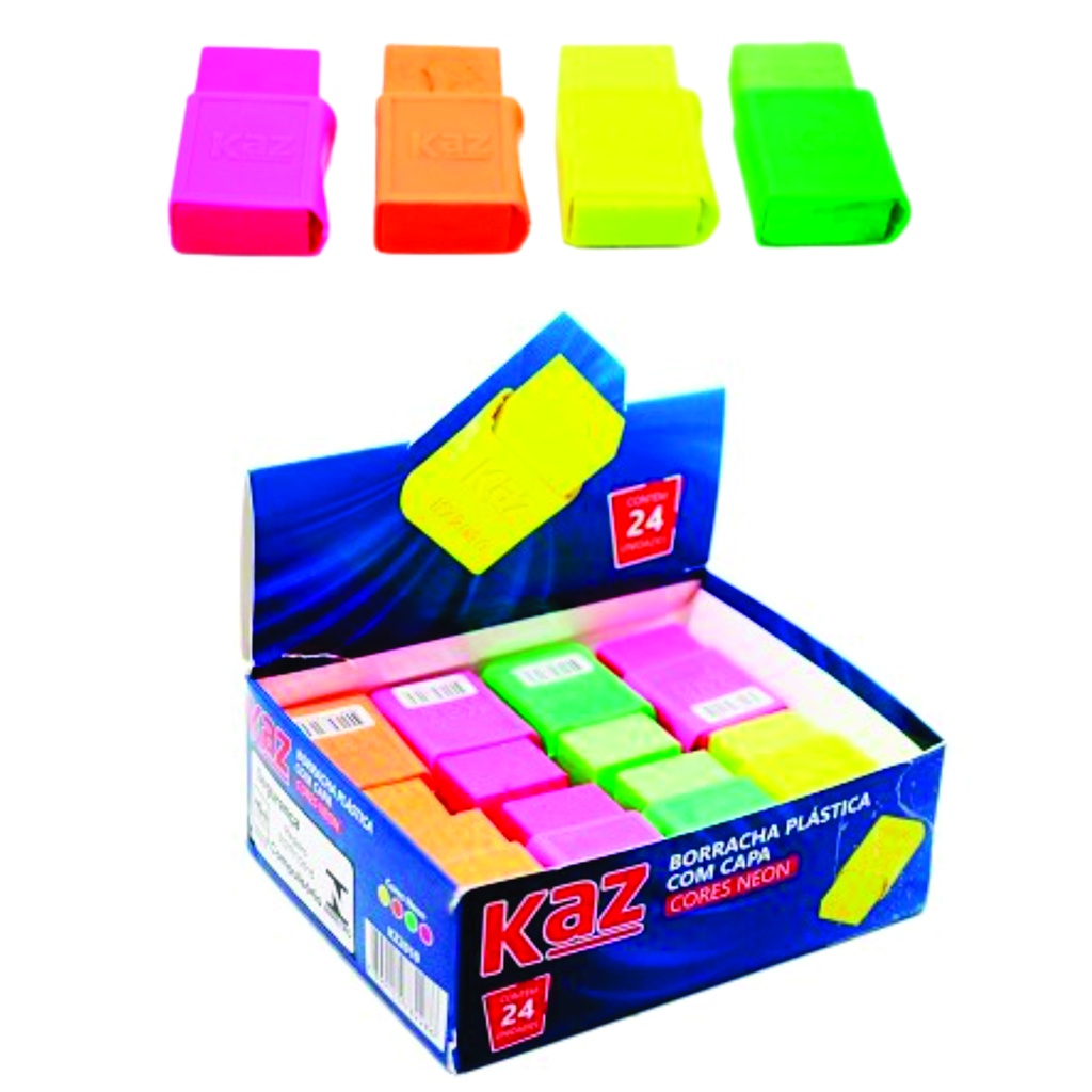 Borracha escolar com capa Neon Plástica Atacado Caixa com 24 borrachas ...