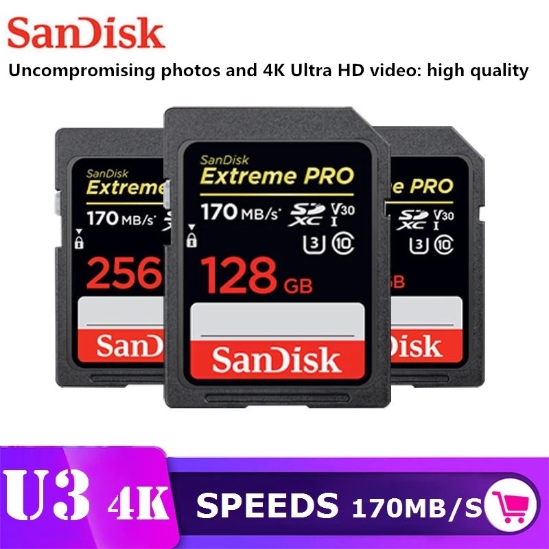 Cartão De Memória Para Câmera Sandisk Extreme Pro 256GB 128GB Gb Max Ler Velocidade 170MB/s 64 ...