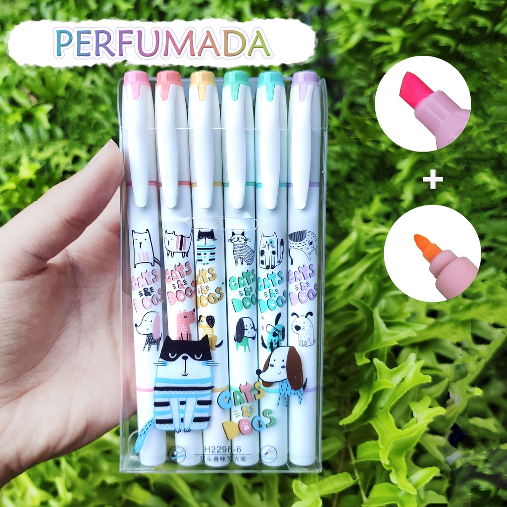 Kit Marca Texto Fofo Duas Pontas Perfumadas Kawaii 6 Cores Marcador ...