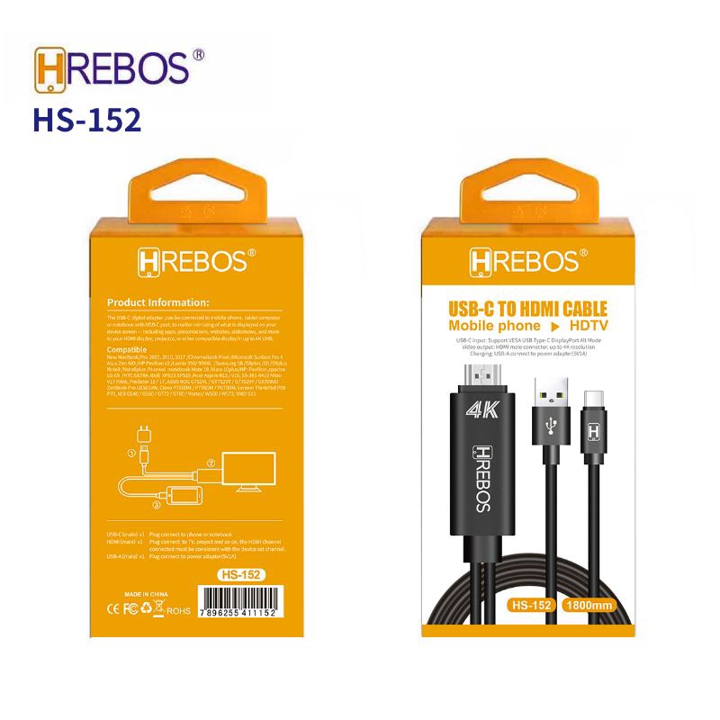 Cabo USB-C para HDMI 4K HS-152 1,8m HRebos | Shopee Brasil