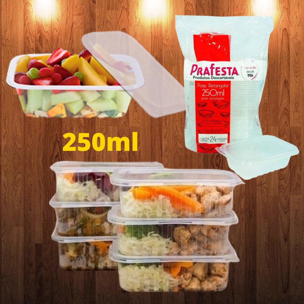 Embalagem 250ml retangular Plástico Para Microondas E Freezer Marmita Fit 24 unidades Prafesta ...