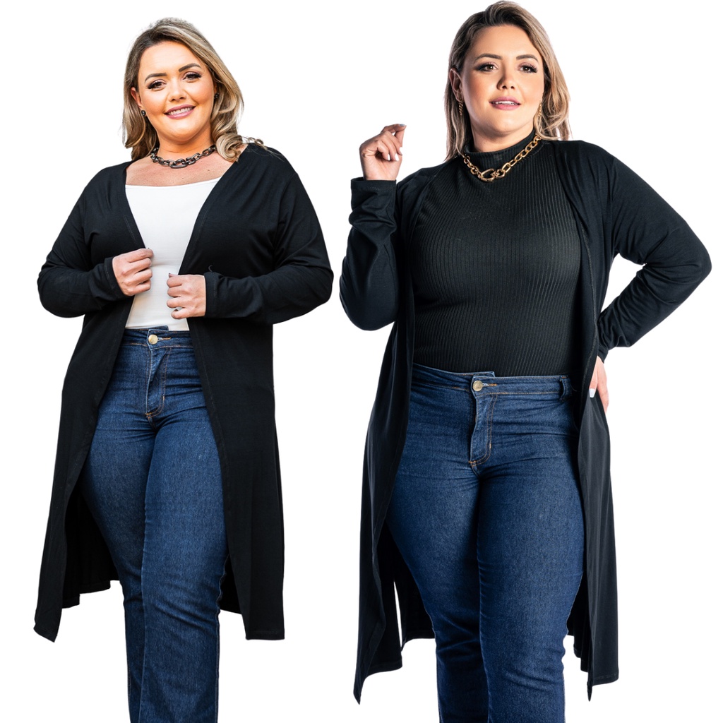 Cardigan Longo Feminino Plus Size Social Básico com Fendas Laterais G ...