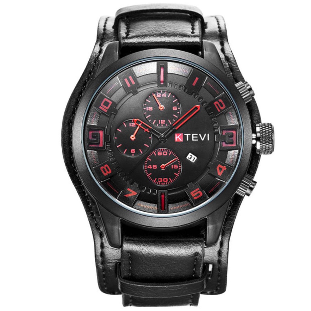 Relogio Masculino Ktevi Couro Bracelete Preto Vermelho | Shopee Brasil