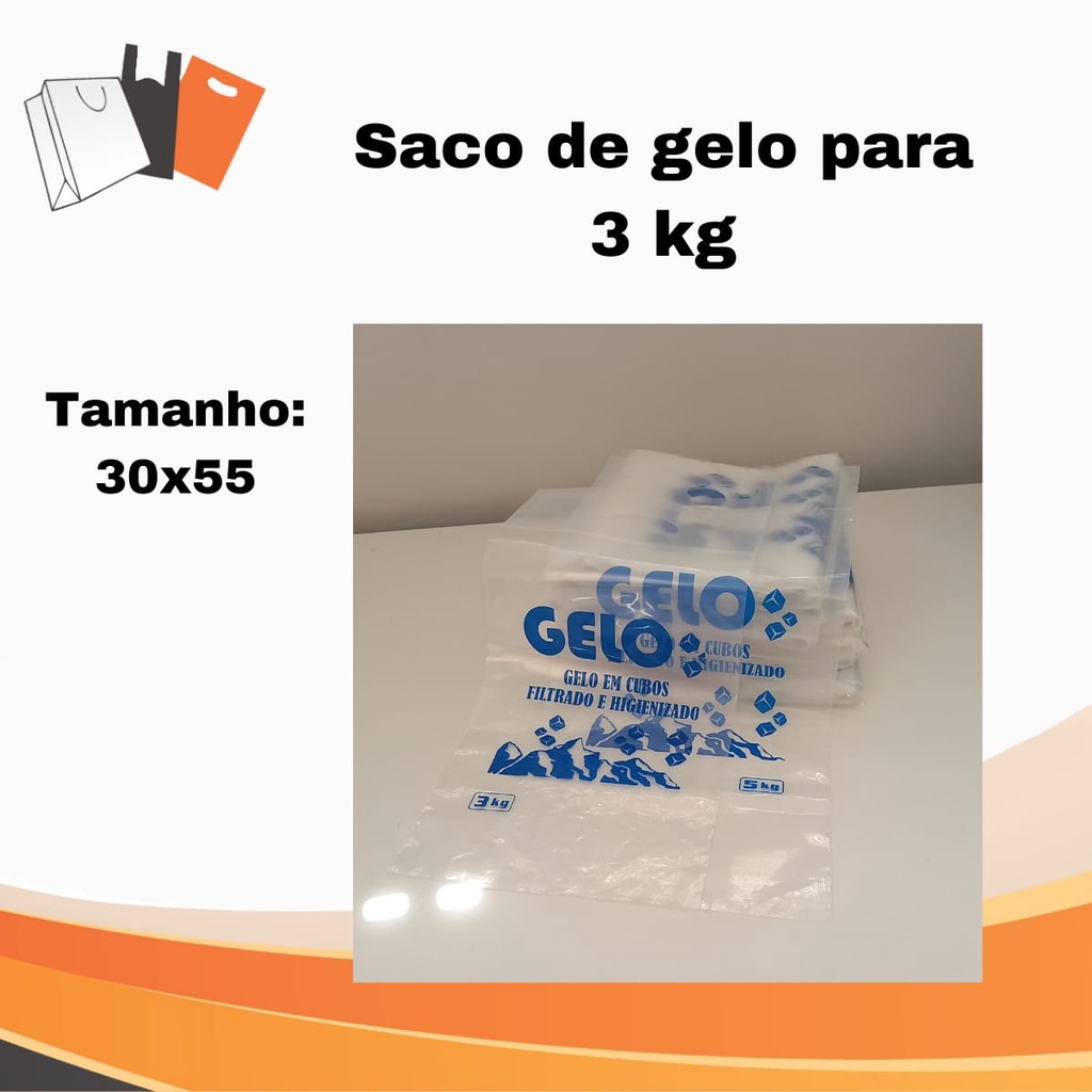 Saco ESTAMPADO para gelo 3 KG com 50 unidades, medida 30x55, com alça ...