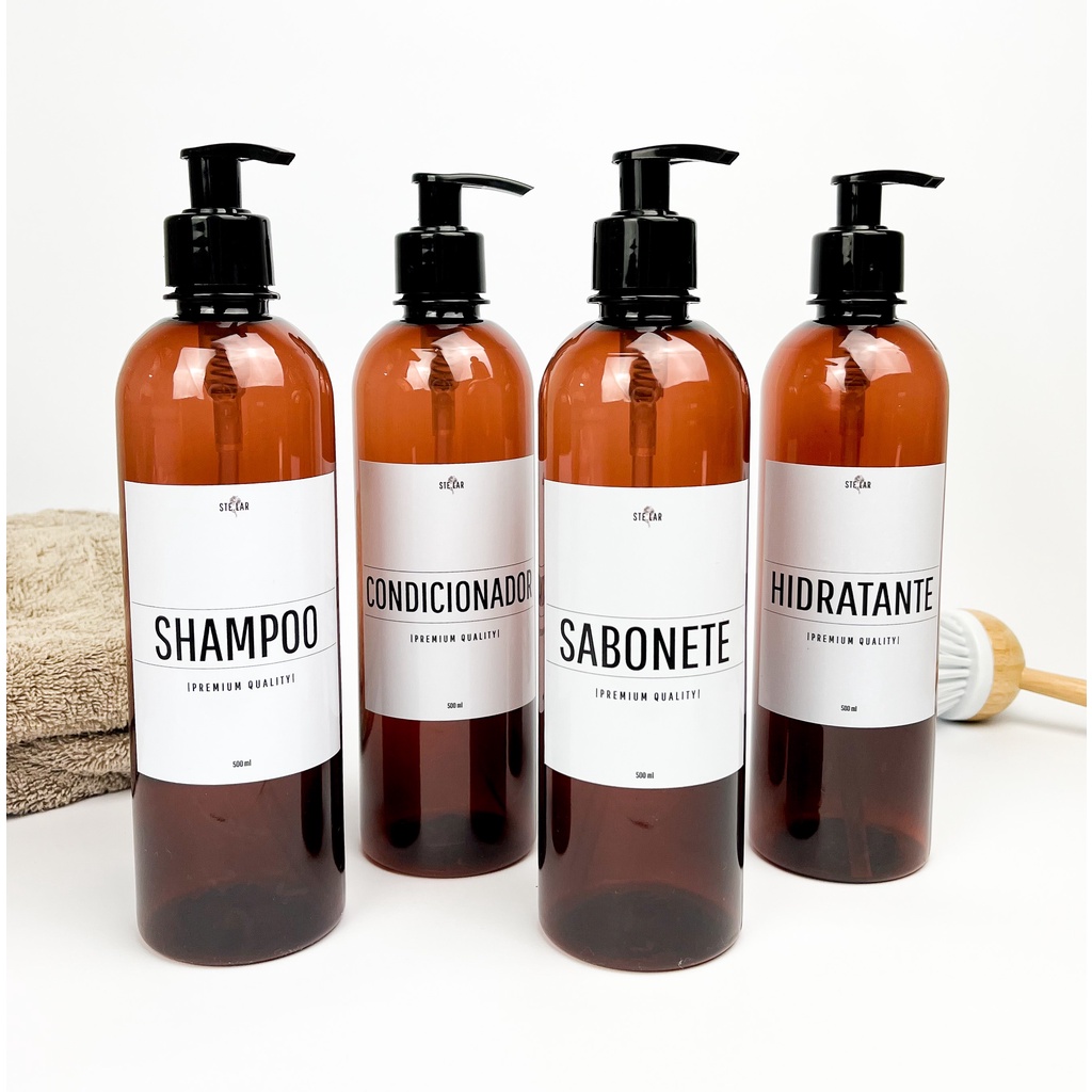 Kit Banheiro Completo 4 Frasco Âmbar Pet 500ml Shampoo Condicionador ...