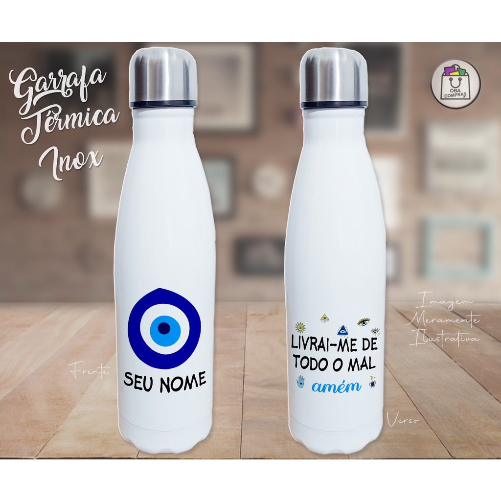 Garrafa Térmica Inox Branca 450ml Personalizada - Olho Grego | Shopee Brasil