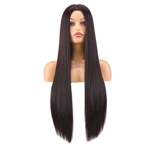 Peruca Premium Orgânica Lisa Castanho Escuro Sem Franja + Wig Cap ...