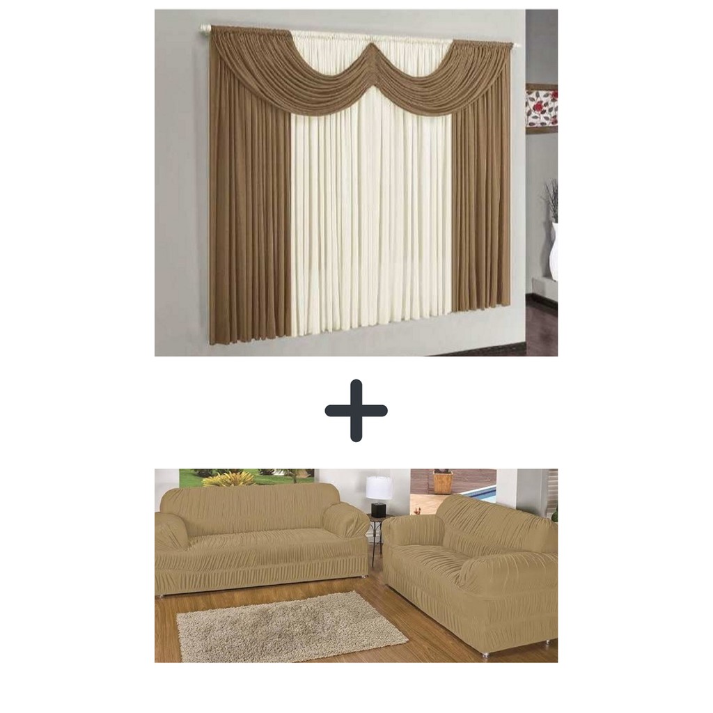 Kit Cortina Paris Para Quarto e Sala + Capa de Sofá 2 e 3 Lugares Bege ...