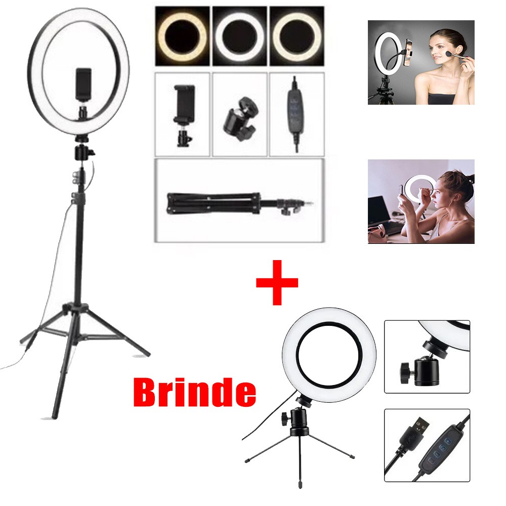 Kit Ring Light 10 Polegadas E Ring Light 6 Polegadas Led Iluminador Com Tripé 360 Graus Canal ...