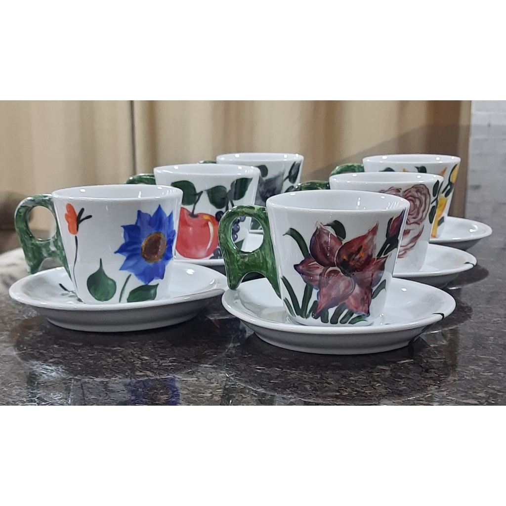 Jogo 6 xícaras Café/Chá com pires - 190ml Cabo prático - Porcelana Decorada | Shopee Brasil