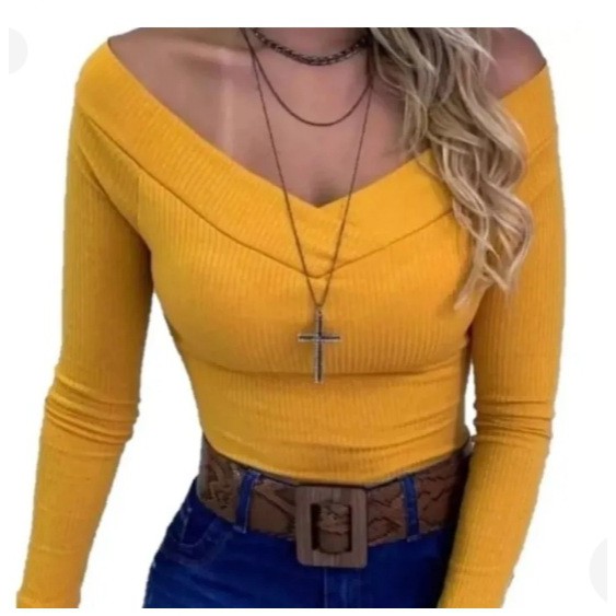 Blusa Blusinha Manga Longa Frio Roupa Feminina Ombro A Ombro Com Bojo
