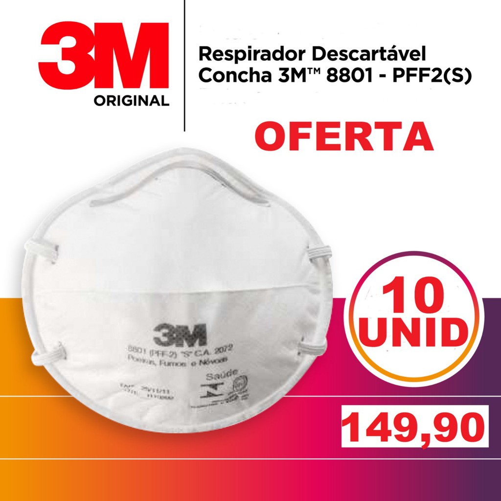10 (dez) Máscaras Respirador 3M Tipo Concha 8801 PFF2 CA 2072 ABNT NBR 13698:2011 INMETRO ...