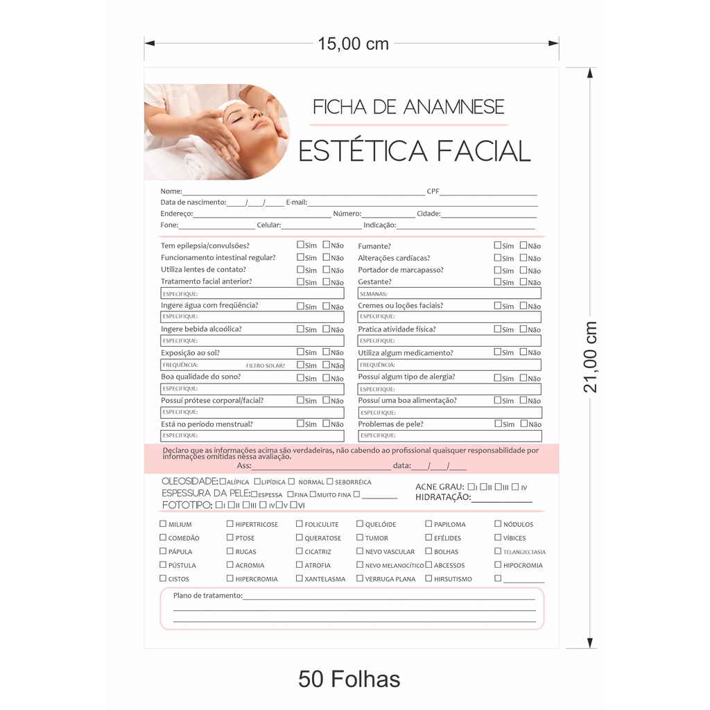 Ficha De Anamnese Estética Facial limpeza de pele - Bloco Com 50 Folhas ...