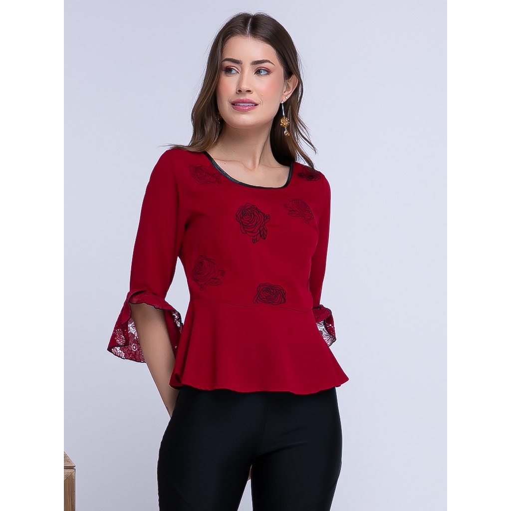 Blusa Feminina/ Peplum/ Bordado/ Manga 3/4 Flare/ Vv 12680 | Shopee Brasil