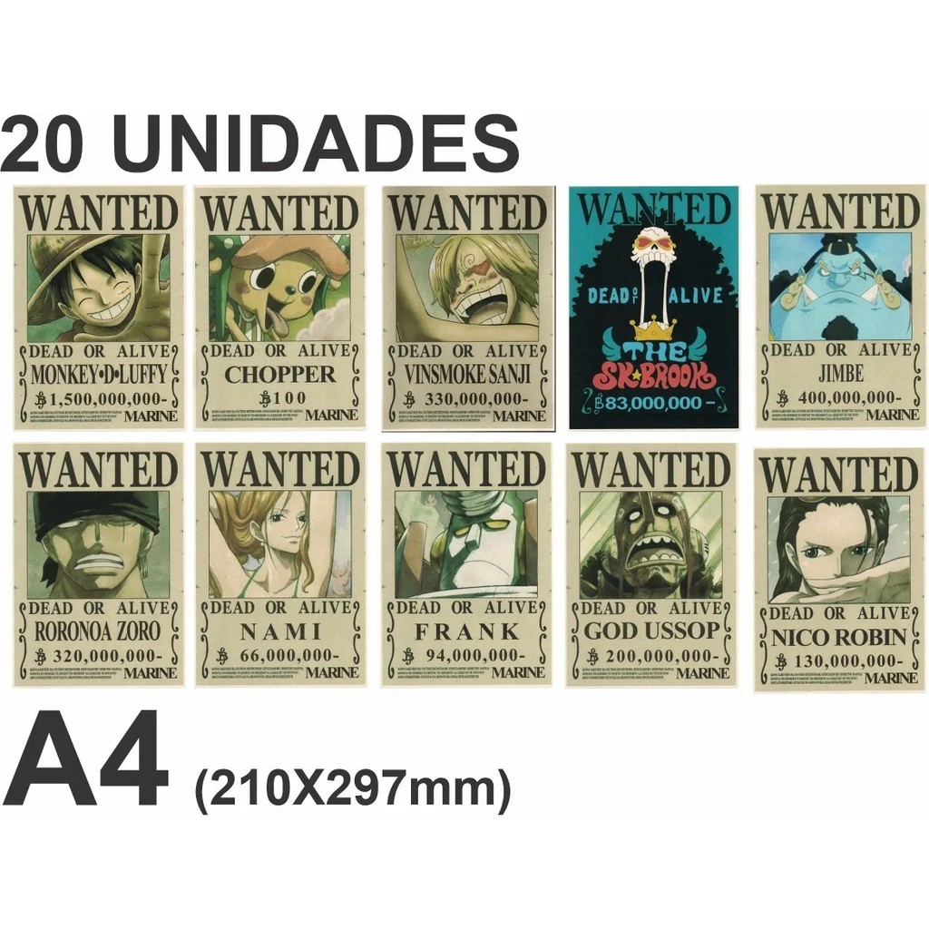 20 Unidades de Cartazes One Piece Wanted Poster Papel Reciclado 120g/m² ...