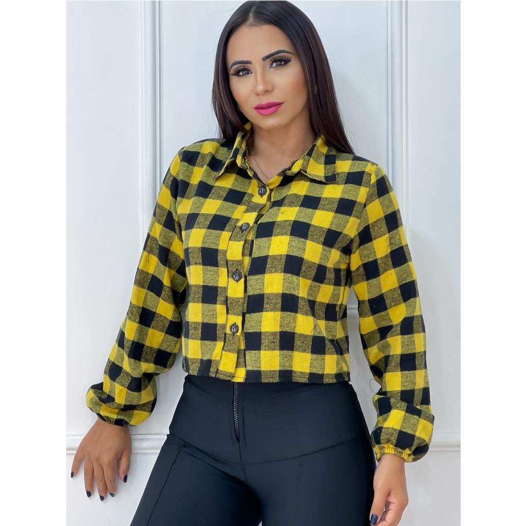 Cropped Curto Blusa Feminina Xadrez Manga Longa Verão | Shopee Brasil