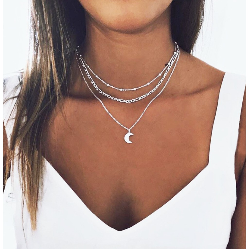Colar Feminino Delicado Cor Prata Multicamada Clo3 Com Pingente Meia Lua | Shopee Brasil
