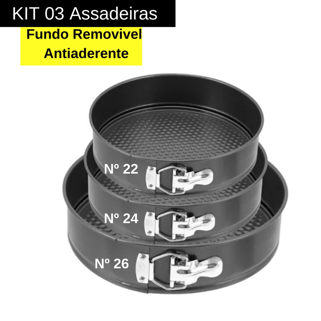 Kit 3 Formas Para Bolo Torta C/ Fundo Removível Antiaderente 22/24/26cm ... Kit 3 Formas Para Bolo Torta C/ Fundo Removível Antiaderente 22/24/26cm ...
