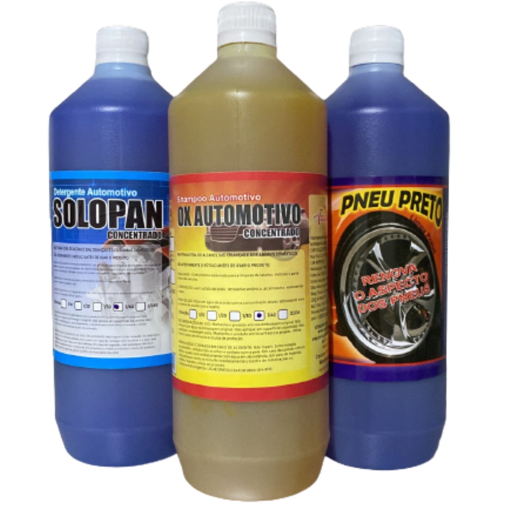 Kit Limpeza Automotiva Shampoo com Cera 1L + Pretinho 1L e Solopan 1L ...