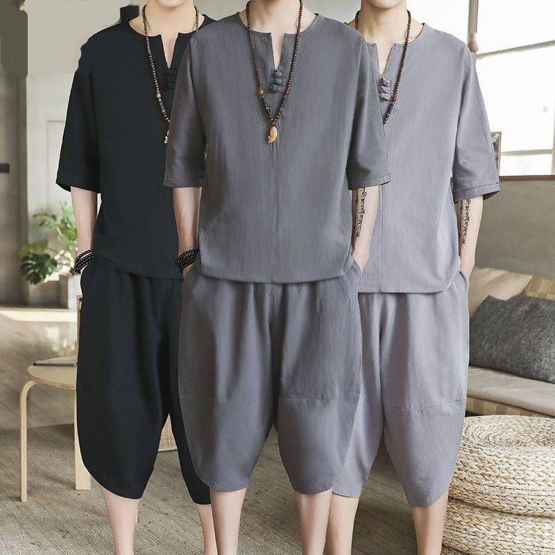 Conjunto Masculino De Linho Fino De Verão Estilo Chinês Folgado Tamanho ...