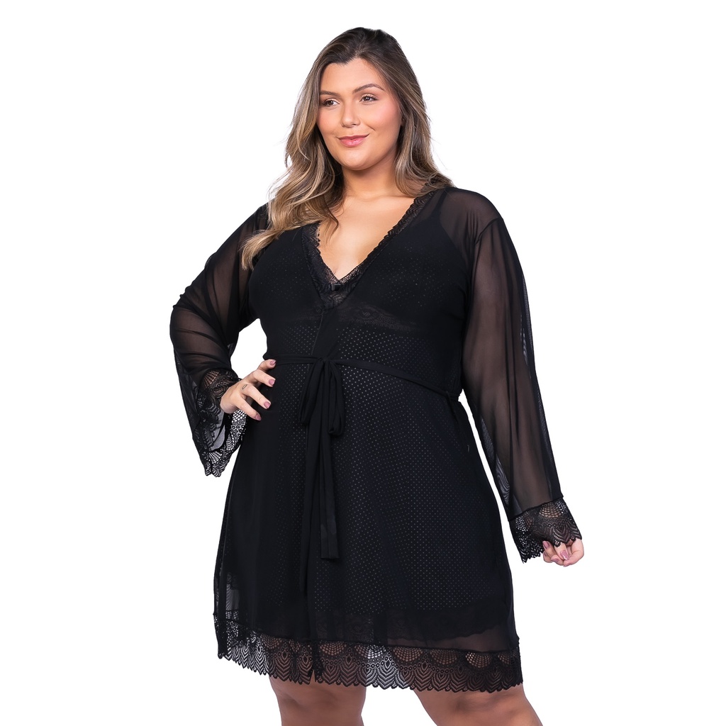 Kit Lua De Mel Preto Robe E Camisola De Tule Com Renda E Brinde Sensual ...