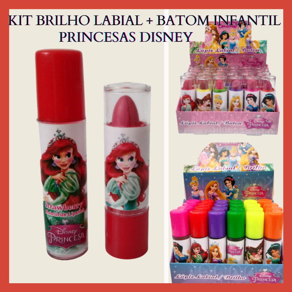 Batom Infantil Princesas Disney + Brilho Labial Princesas Disney Kit ...