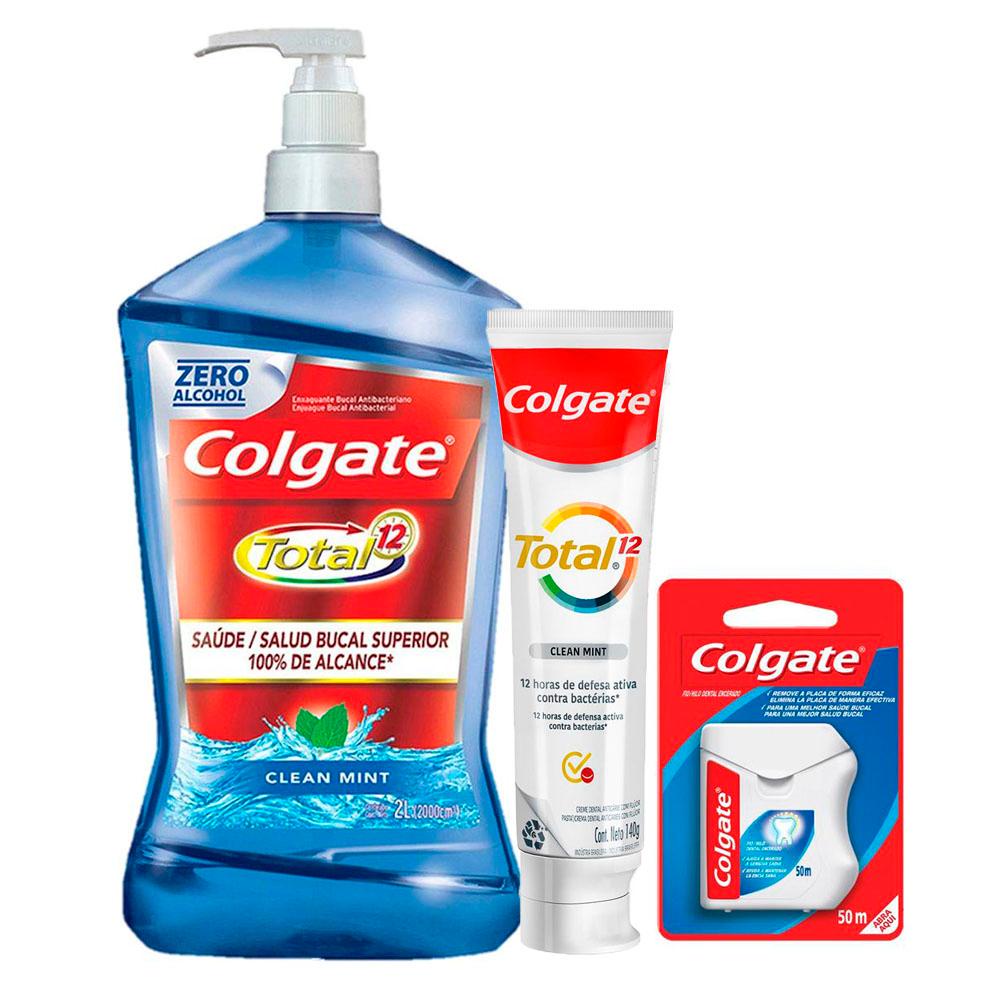 Kit Colgate Creme Dental 140g + Enxaguante Bucal 2L + Fio Dental 50m ...