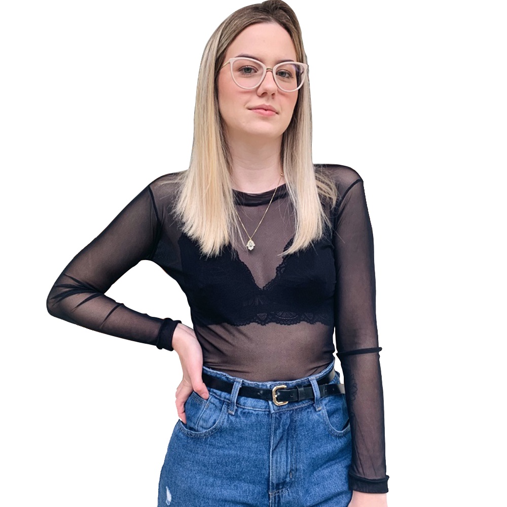 Blusa Feminina Tule Transparente Manga Longa Preta Casual | Shopee Brasil