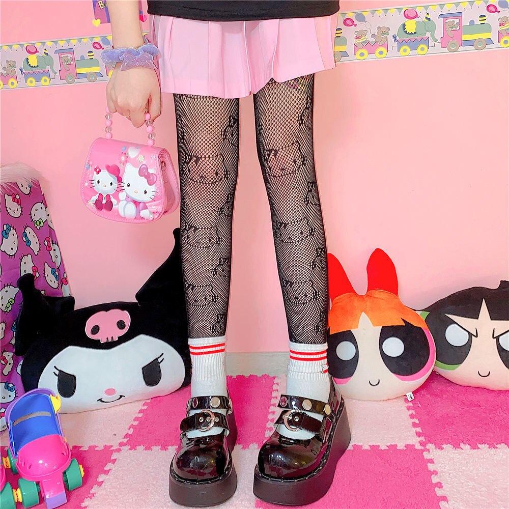 Summer Punk Hottie Black Anime Pantyhose KT Cat Pattern Fishnet ...