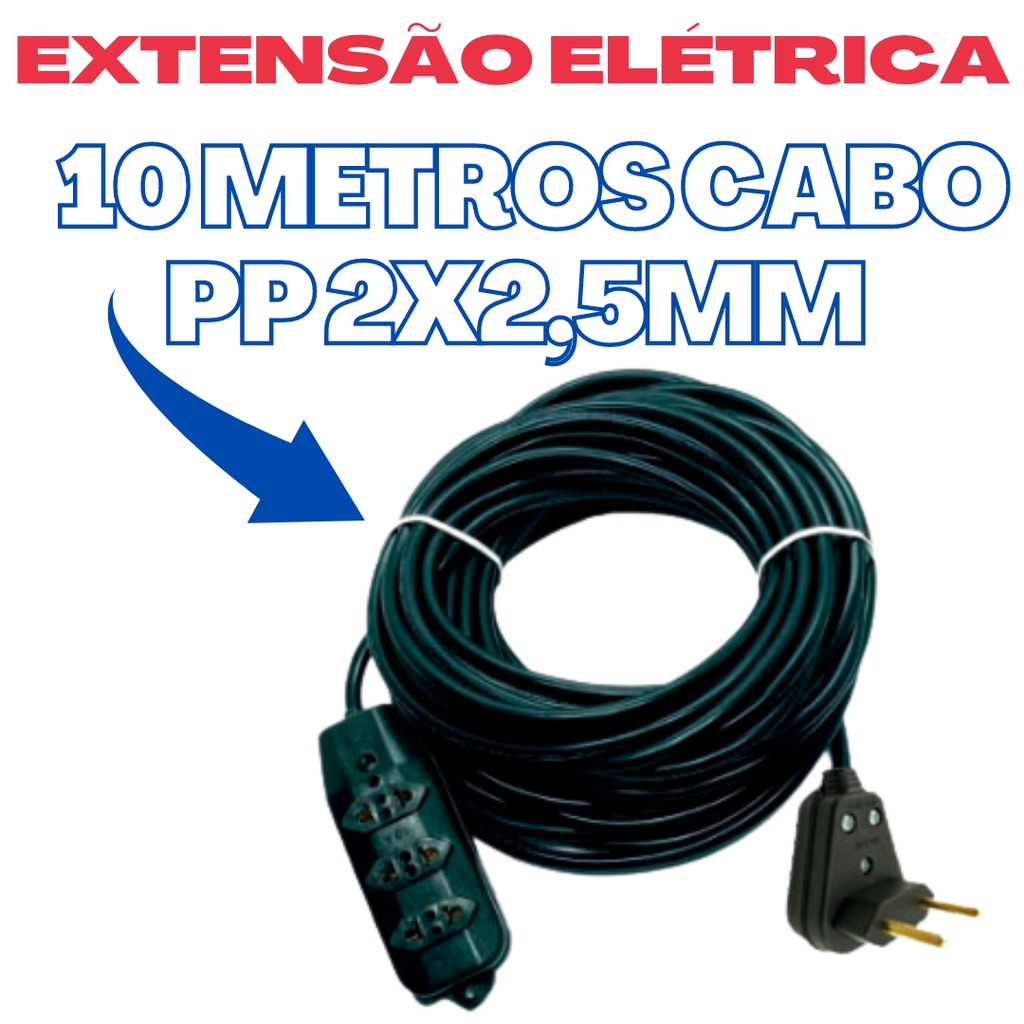 Extensão Elétrica 10 Metros Com Cabo PP 2x2,5mm Padrão Novo / Antigo 10A e 20A | Shopee Brasil