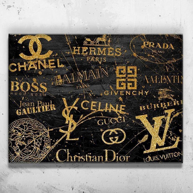 quadro decorativo Louis Vuitton, chanel Prada Gucci preto e dourado ...