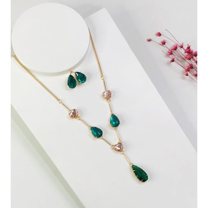 kit colar + brinco luciana Rosa com Esmeralda Banho de Ouro - Escorrega ...