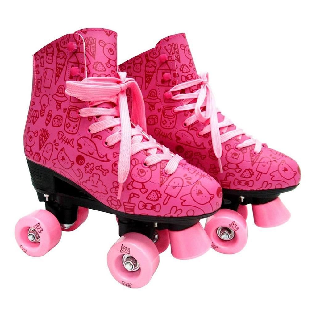 Patins 4 Rodas Classico Retro Rosa Menina Roller Skate | Shopee Brasil