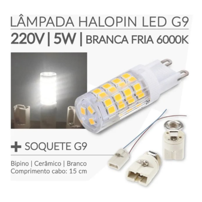 4 Lâmpadas LED Bipino G9/Halopin | 220V | 5W | Luz Branca Fria + SOQUETE | Lustres/Arandelas ...