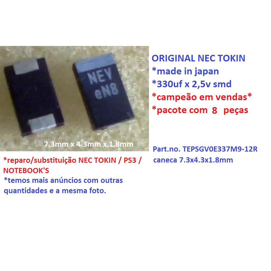 8 Capacitor Tântalo SMD 330uf x 2,5v NEC TOKIN 330uf NEO CAPACITOR ...