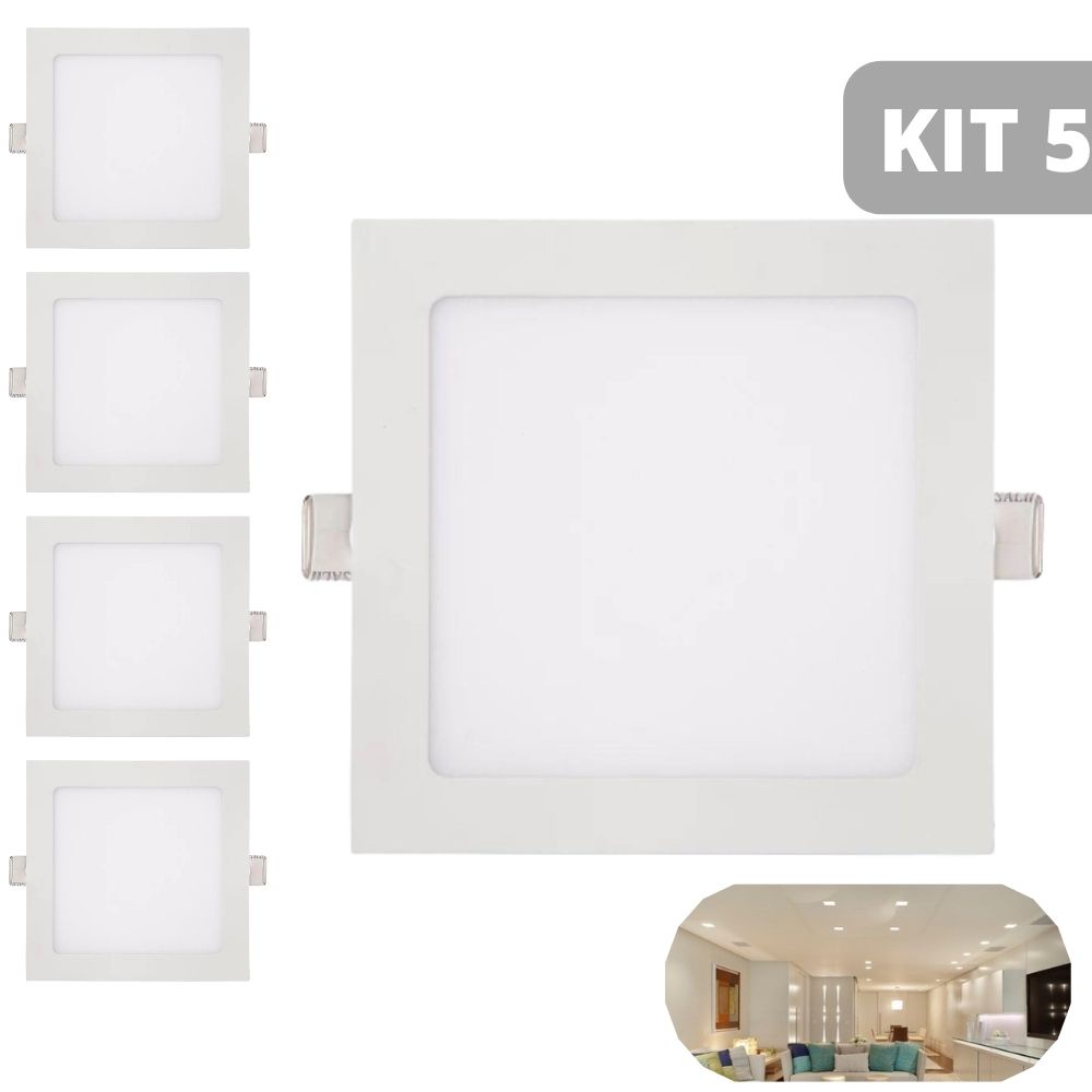 KIT 5 PAINEL PLAFON LED 12W EMBUTIR QUADRADO BRANCO FRIO 6500K BIVOLT ...
