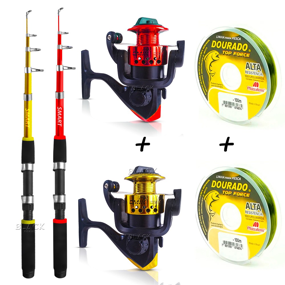Kit Pescaria 2 Vara de Pesca 1,70M 2 Molinete Com Linha Tilapia Traira Tucunare conjunto para ...
