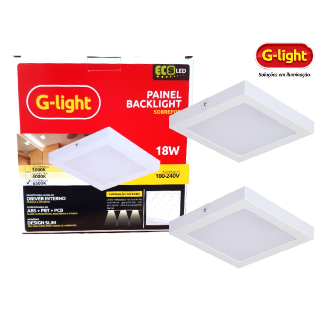 Painel Led 18w Sobrepor Quadrado Backlight 6500K Branco Frio Bivolt Glight kit 02unid | Shopee ...