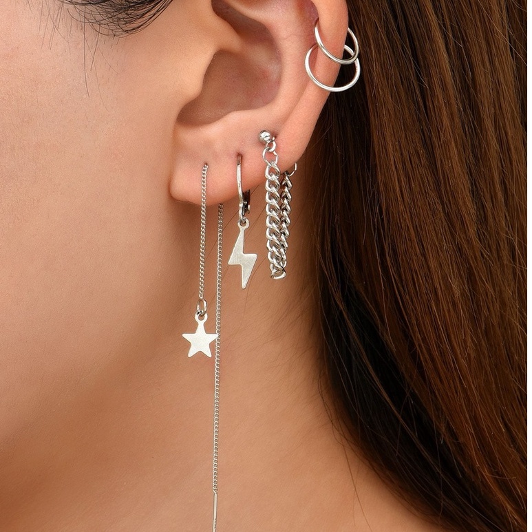 Piercing Falso De Orelha Fake Kit Com 5 Itens Prata | Shopee Brasil