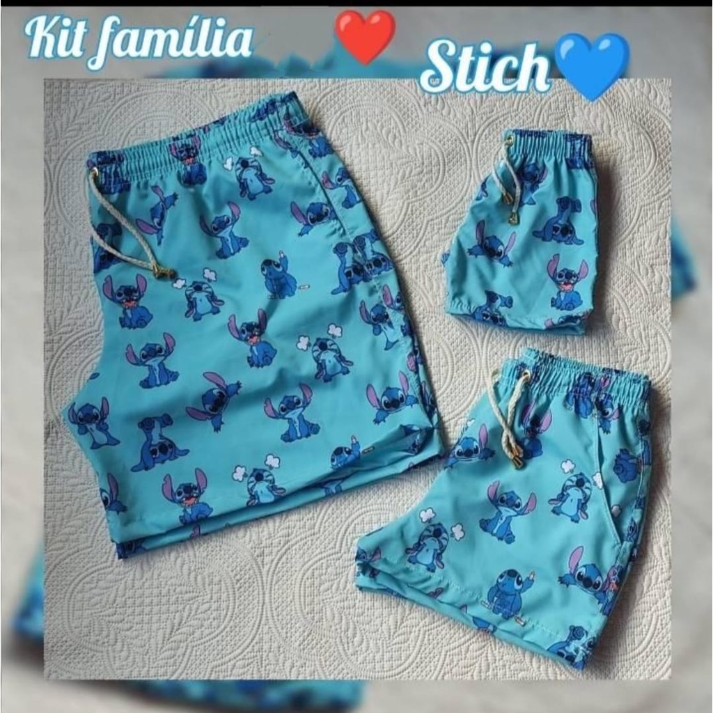 Kit Familia 3 Shorts Moda Verao Stitch Azul Tactel. | Shopee Brasil