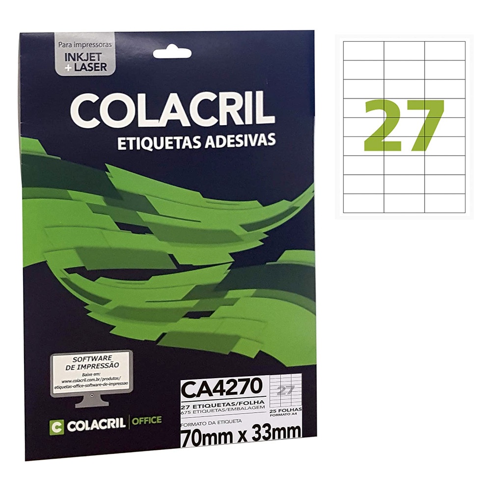Etiqueta Adesiva Colacril A4 CA4270 70x33mm 25Fls | Shopee Brasil