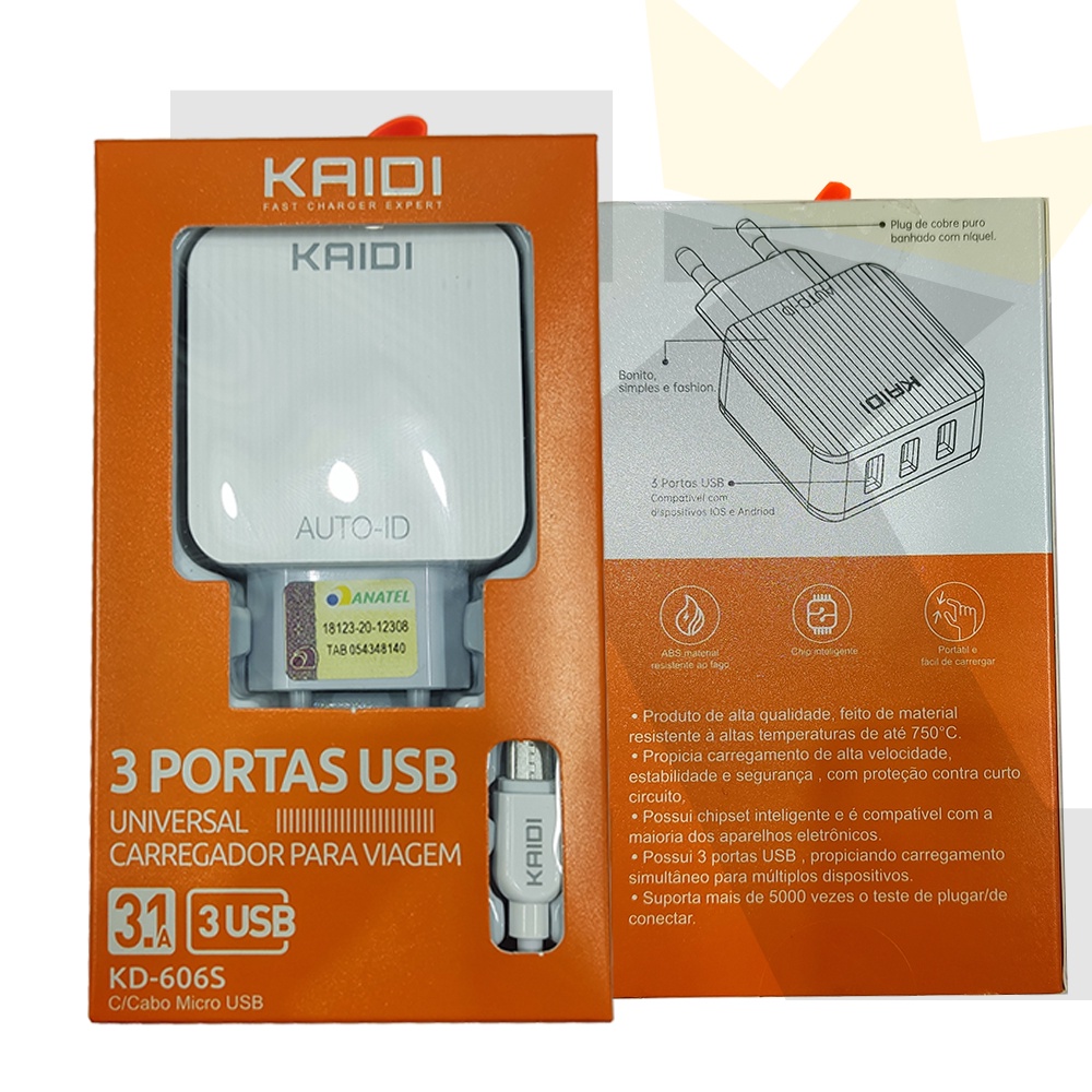 carregador Turbo 3.1 A 3 entrada USB V8 TIPO C IPHONE kAIDI | Shopee Brasil