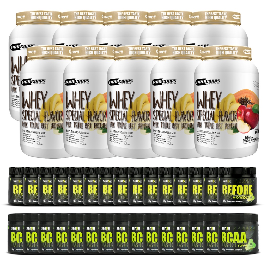 10 Whey Protein 840g pro corps + 15 Pré Treino sense + 15 Bcaa sense ...