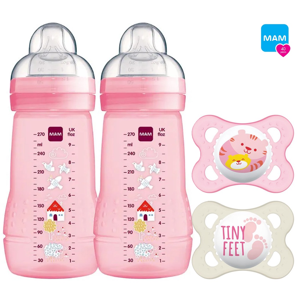 Kit 2 Mamadeiras Mam Easy 270ml + 2 Chupetas Sayings Rosa | Shopee Brasil